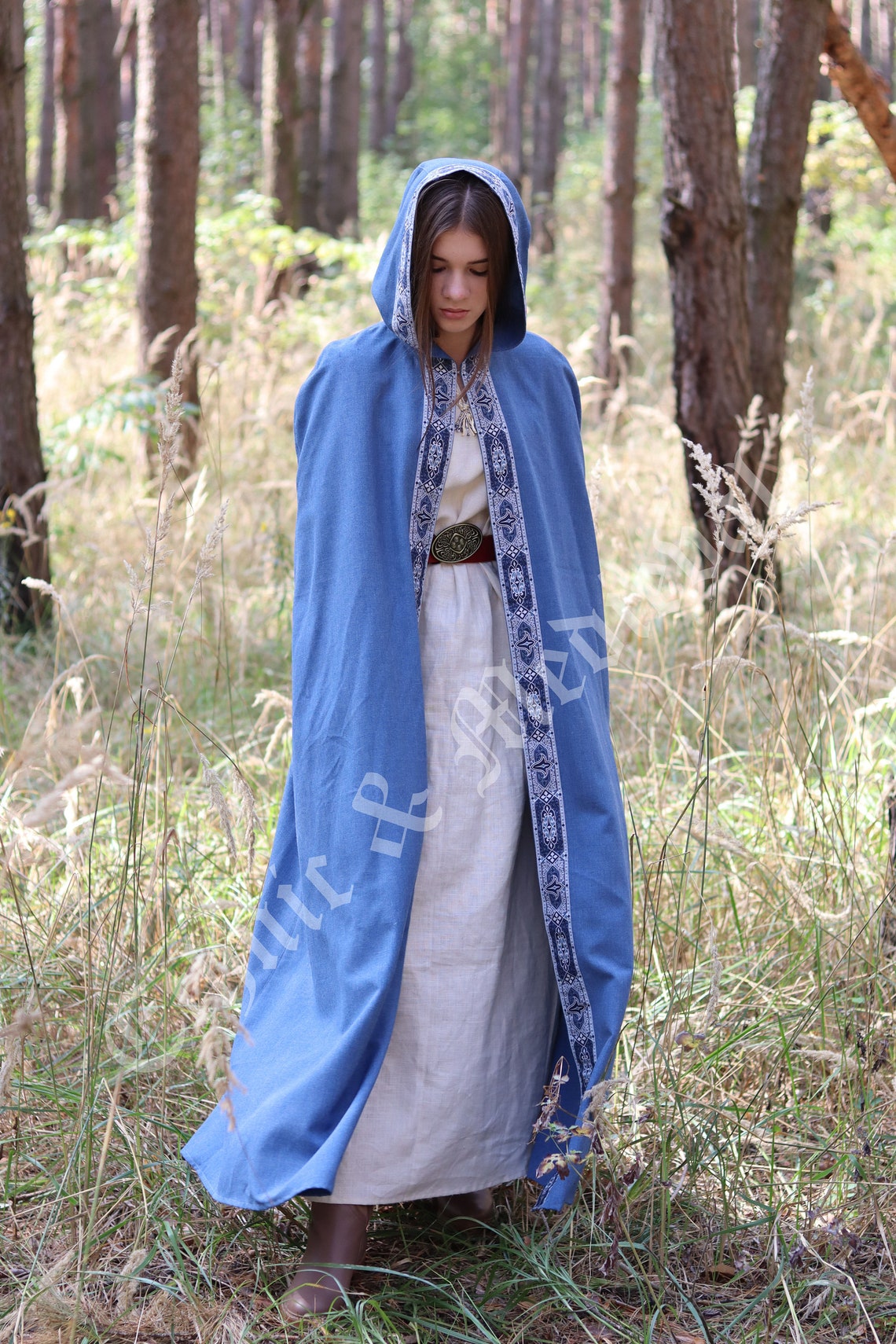 Medieval Hooded Cape With Fantasy Trim Blue Vegan Wool Viking Cloak ...