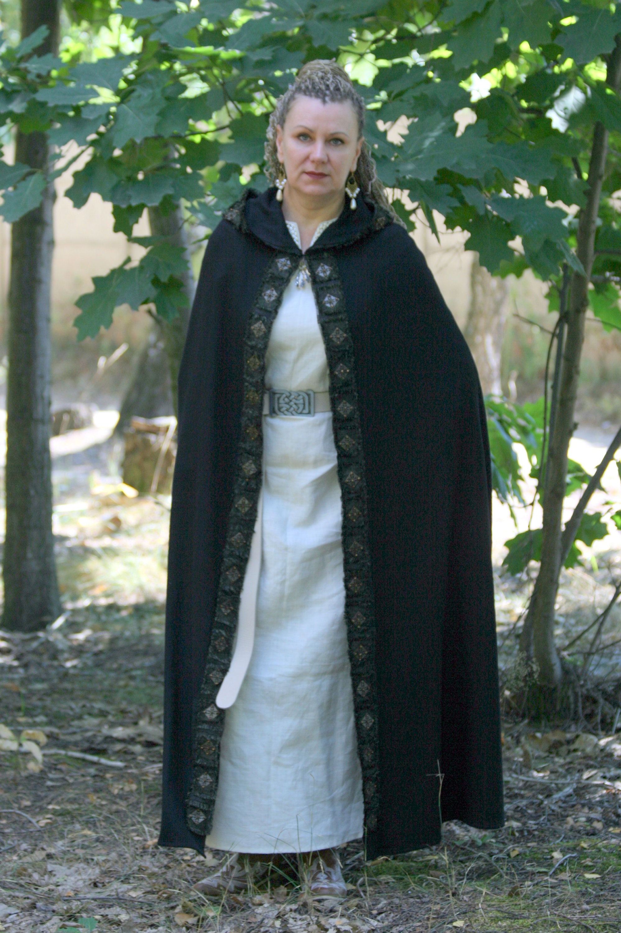 Black Elven Cloak With Fantasy Trim Pure Wool Hooded Viking Cape LARP ...