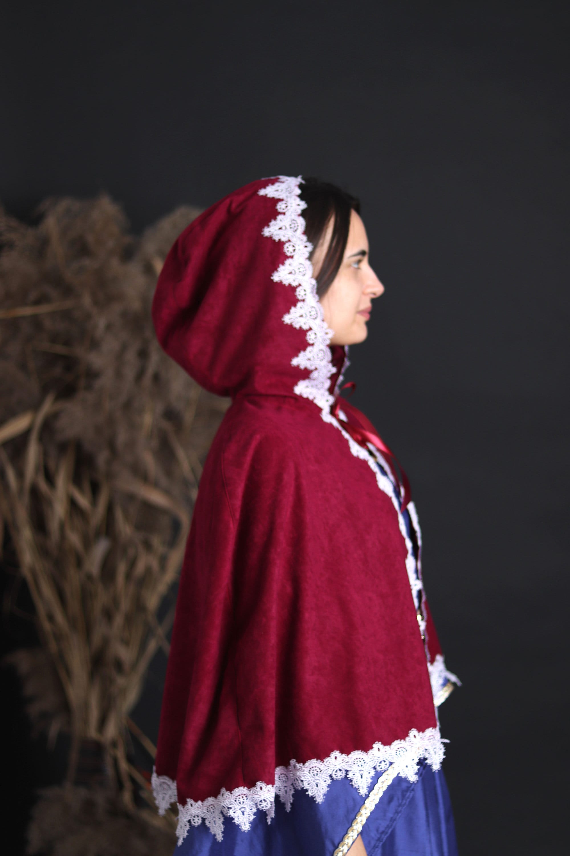 Venetian Hooded Capelet for Women Burgundy Velvet Cape With Lace ...