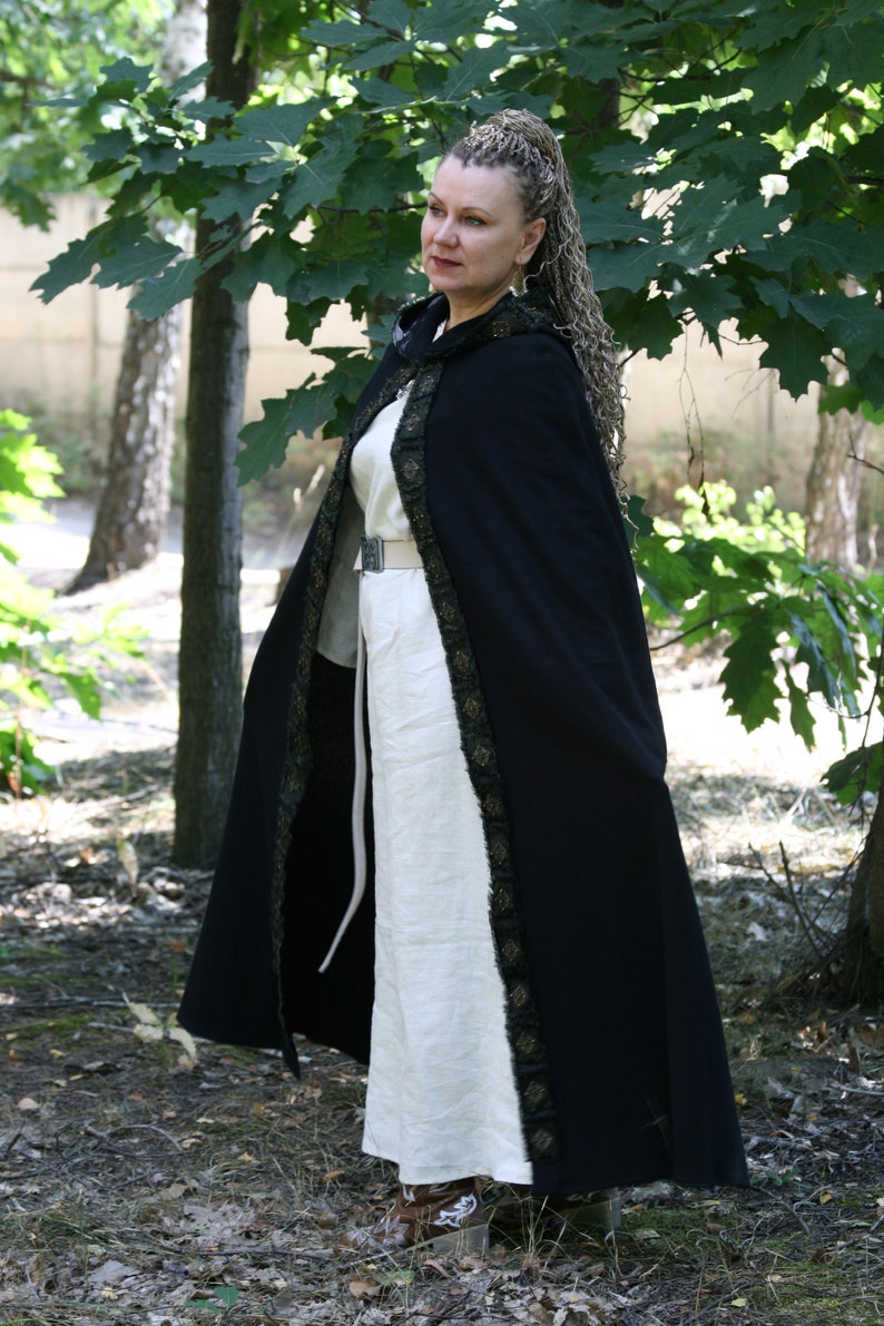 Black Wool Hooded Cape With Fantasy Trim, Elven Viking LARP Cloak - Etsy