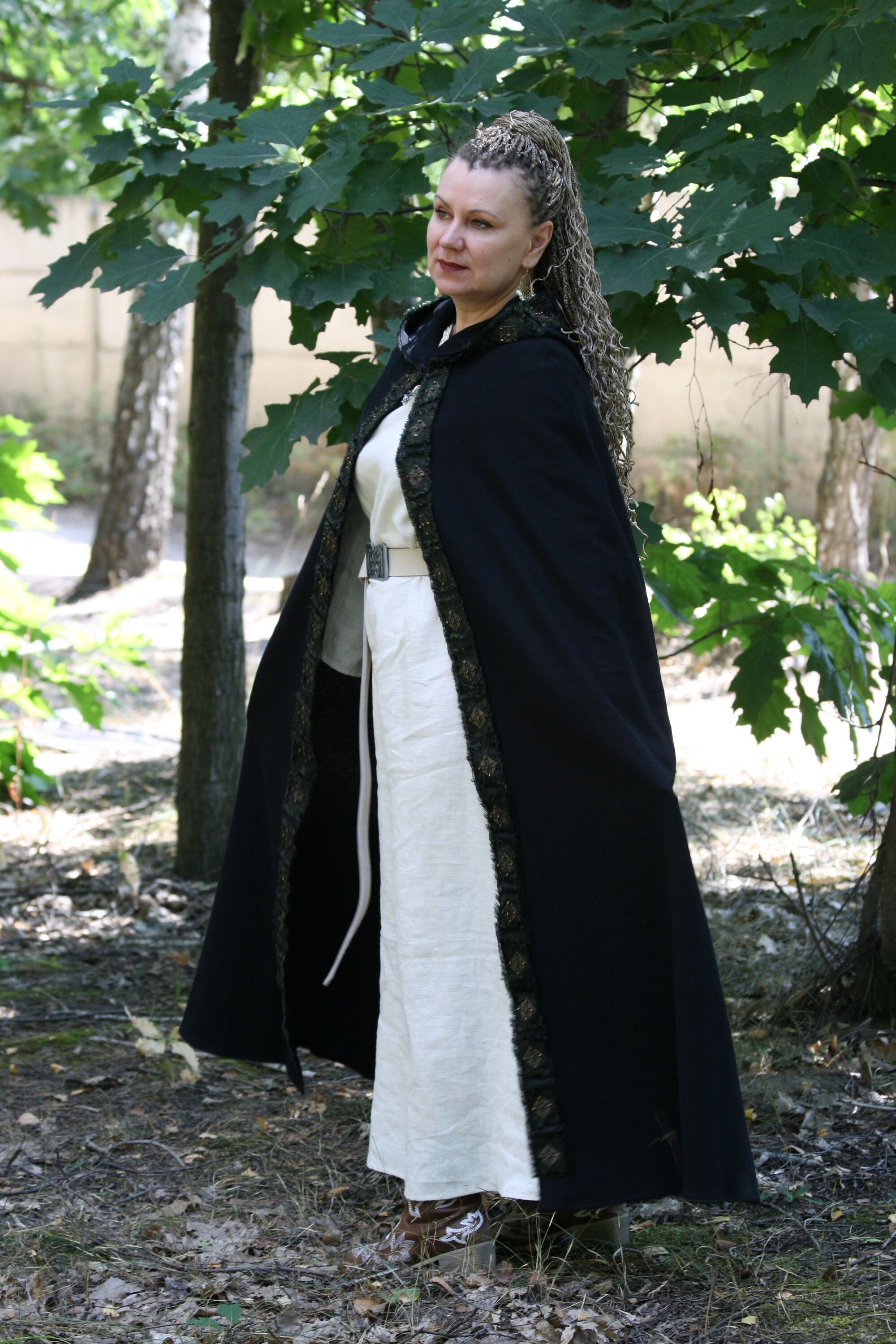 Black Elven Cloak With Fantasy Trim Pure Wool Hooded Viking Cape LARP ...