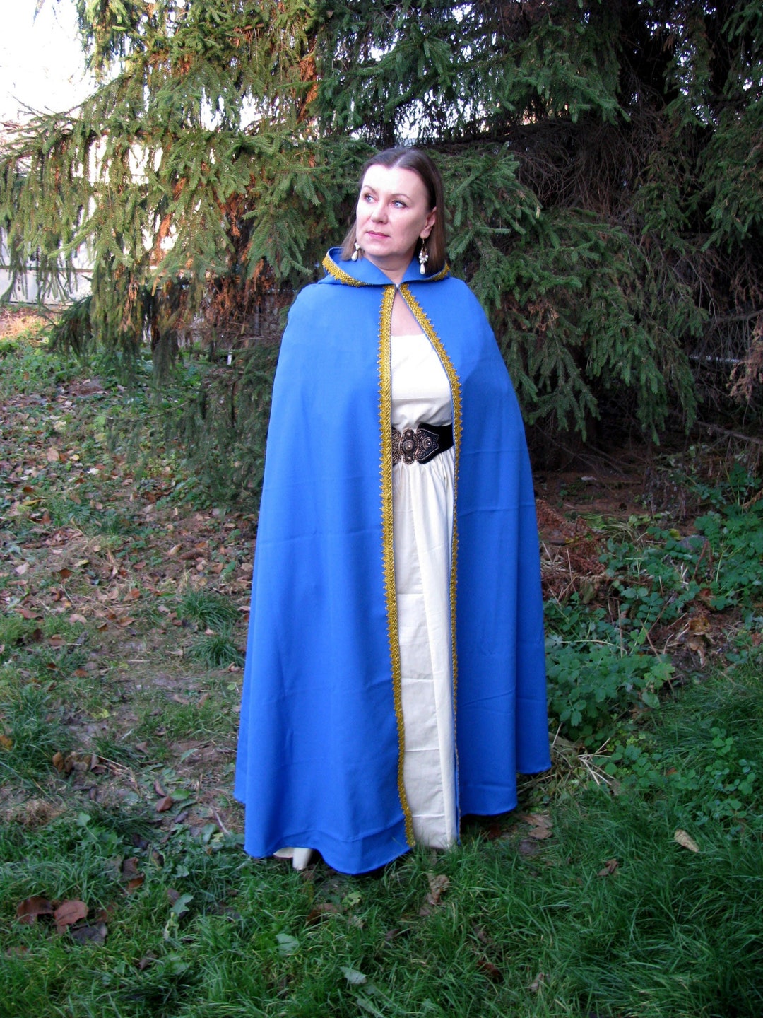 Sky Blue Medieval Hooded Cape With Golden Trim, Vegan Wool Cloak - Etsy