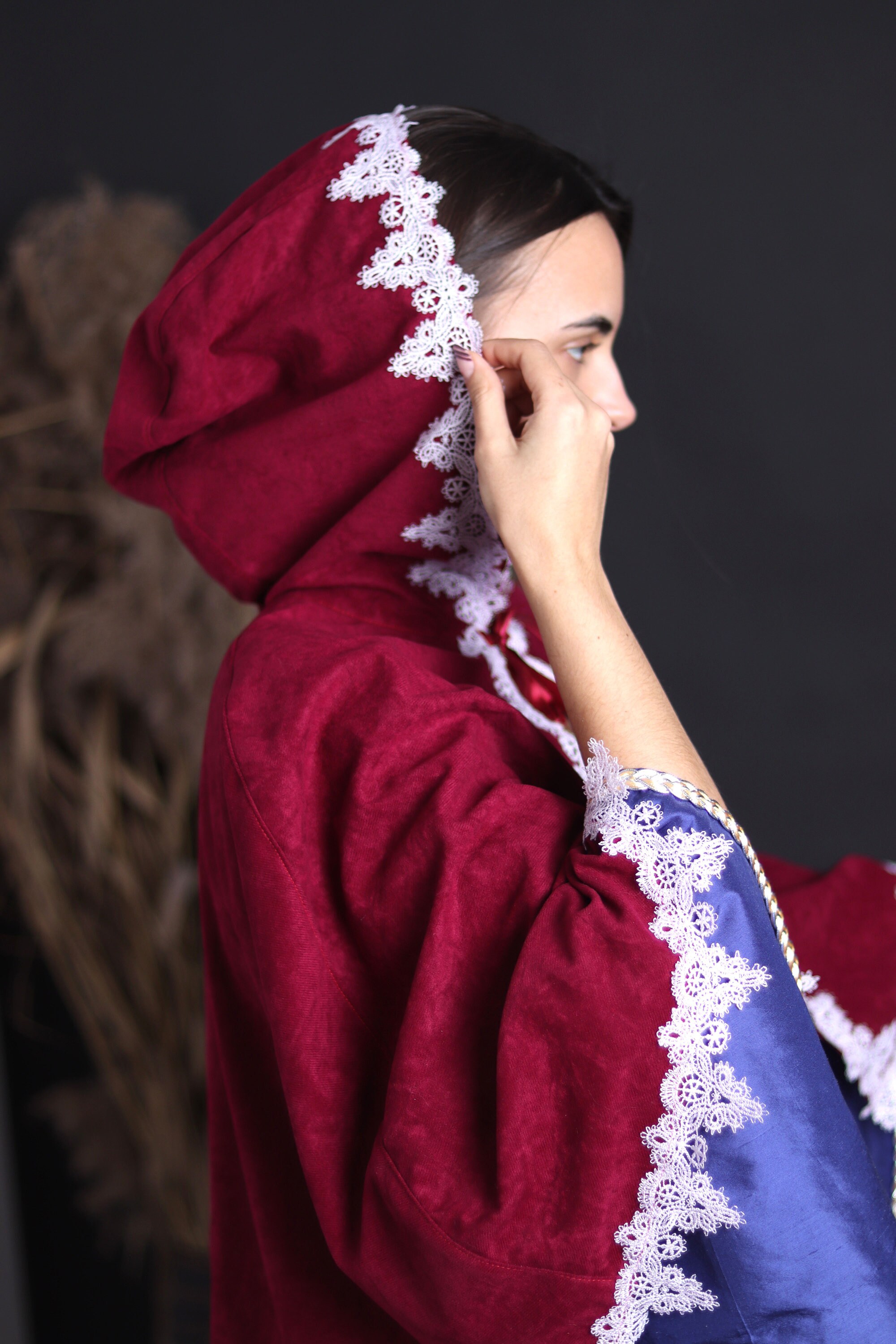 Venetian Hooded Capelet for Women Burgundy Velvet Cape With Lace ...