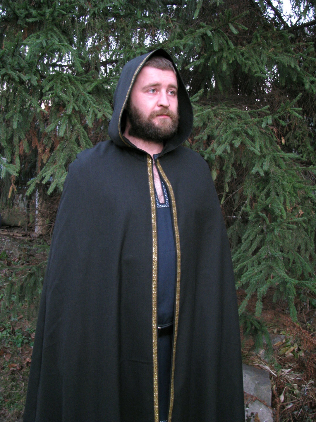 Medieval Cloak for Men Green Wool Hooded Cape With Golden Trim Long ...