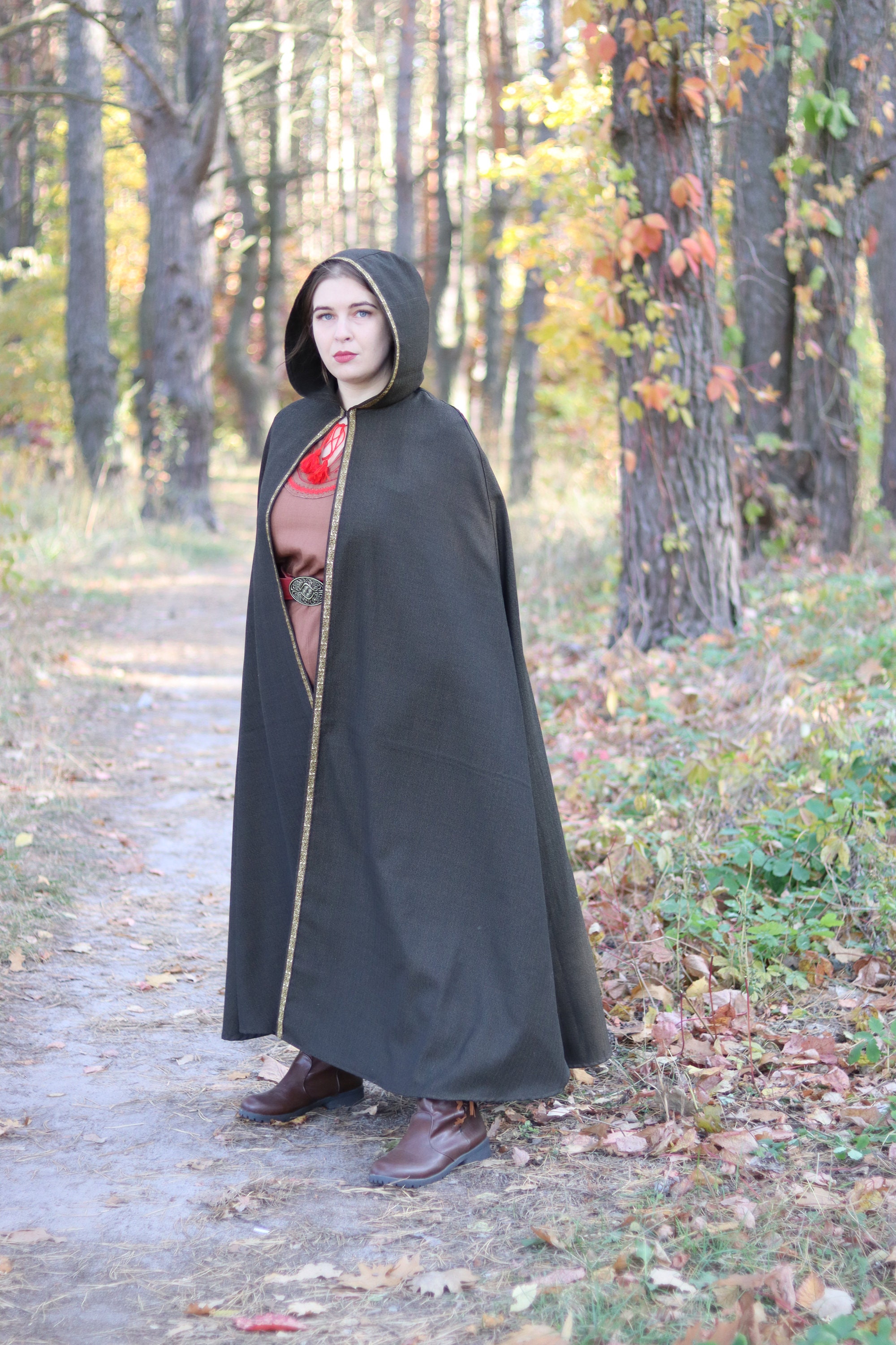 Green Wool Hooded Cape With Golden Trim, Elven Medieval Cloak - Etsy