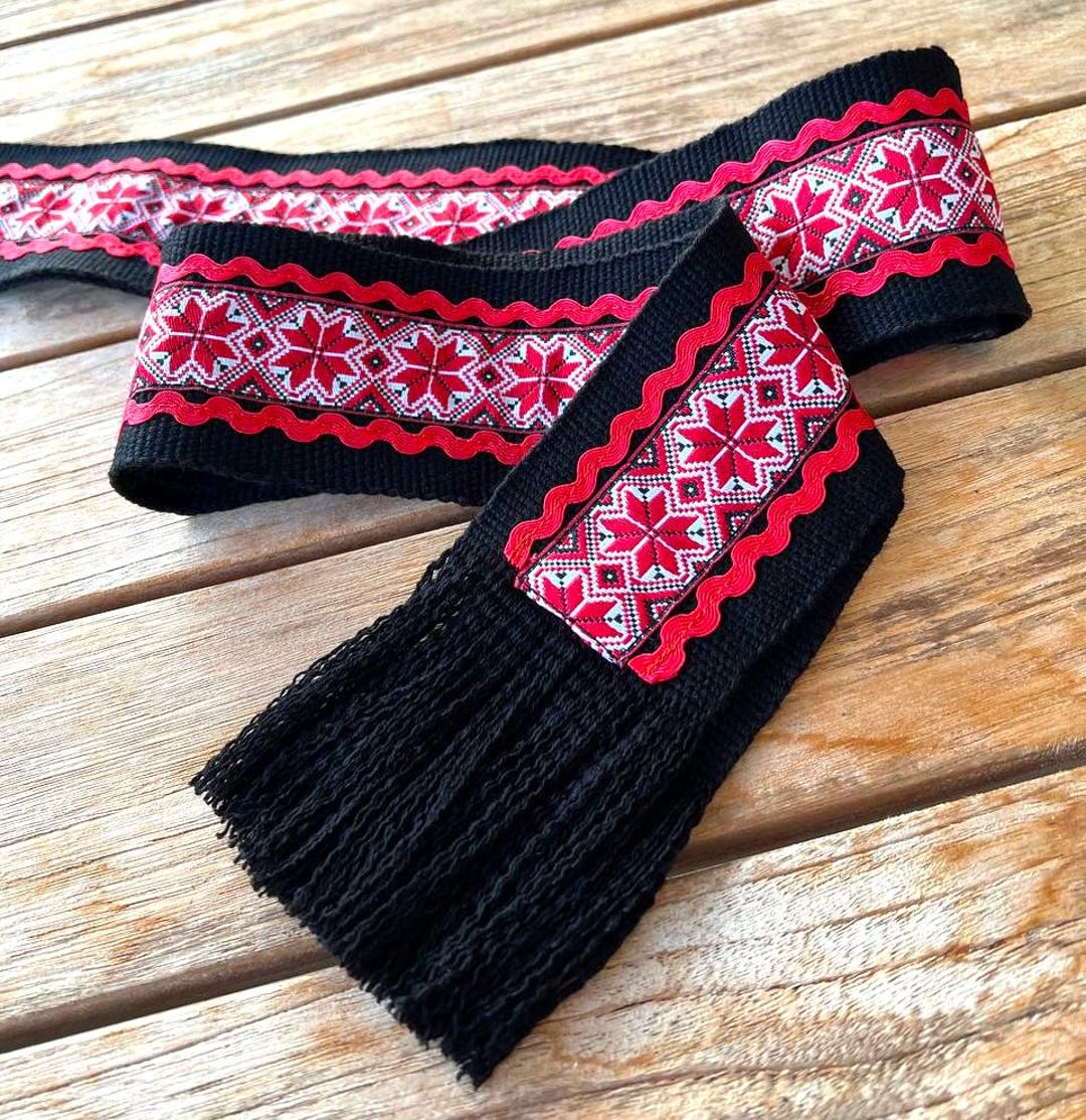 NEW! Black & Red Hand Woven Belt With Trim, Ukrainian Kraika, Wide 3 ...