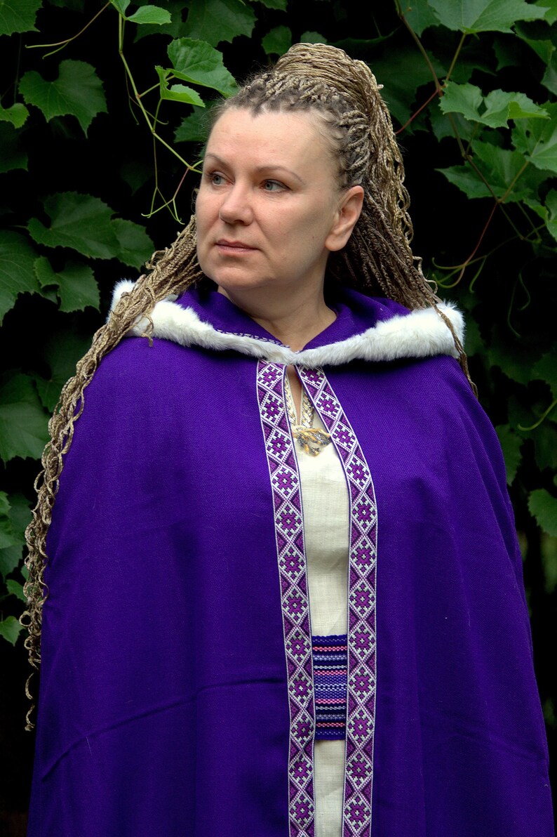 Purple Hooded Cape With Fantasy Trim Violet Medieval Cloak With White ...
