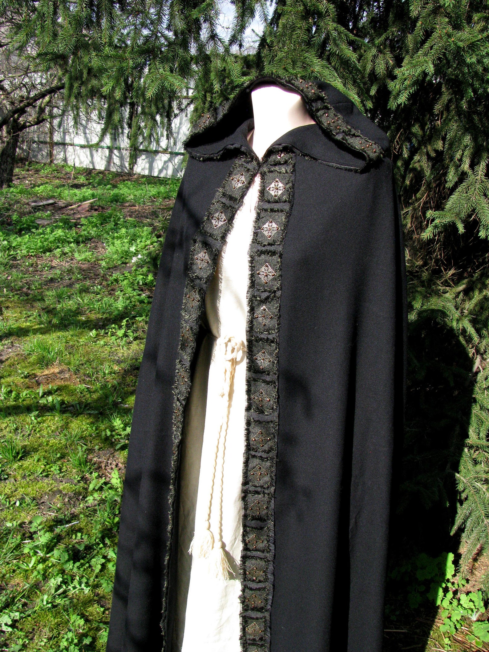 Black Elven Cloak With Lace Embellishment Renaissance Hooded - Etsy