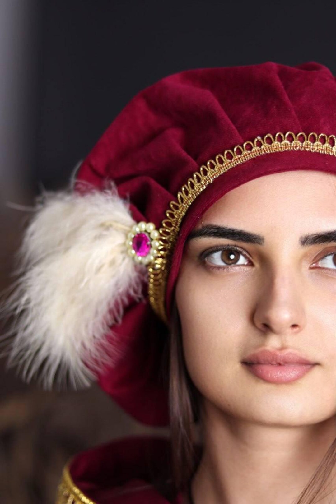 Cherry Red Medieval Floppy Hat With Feathers and Red Brooch ...
