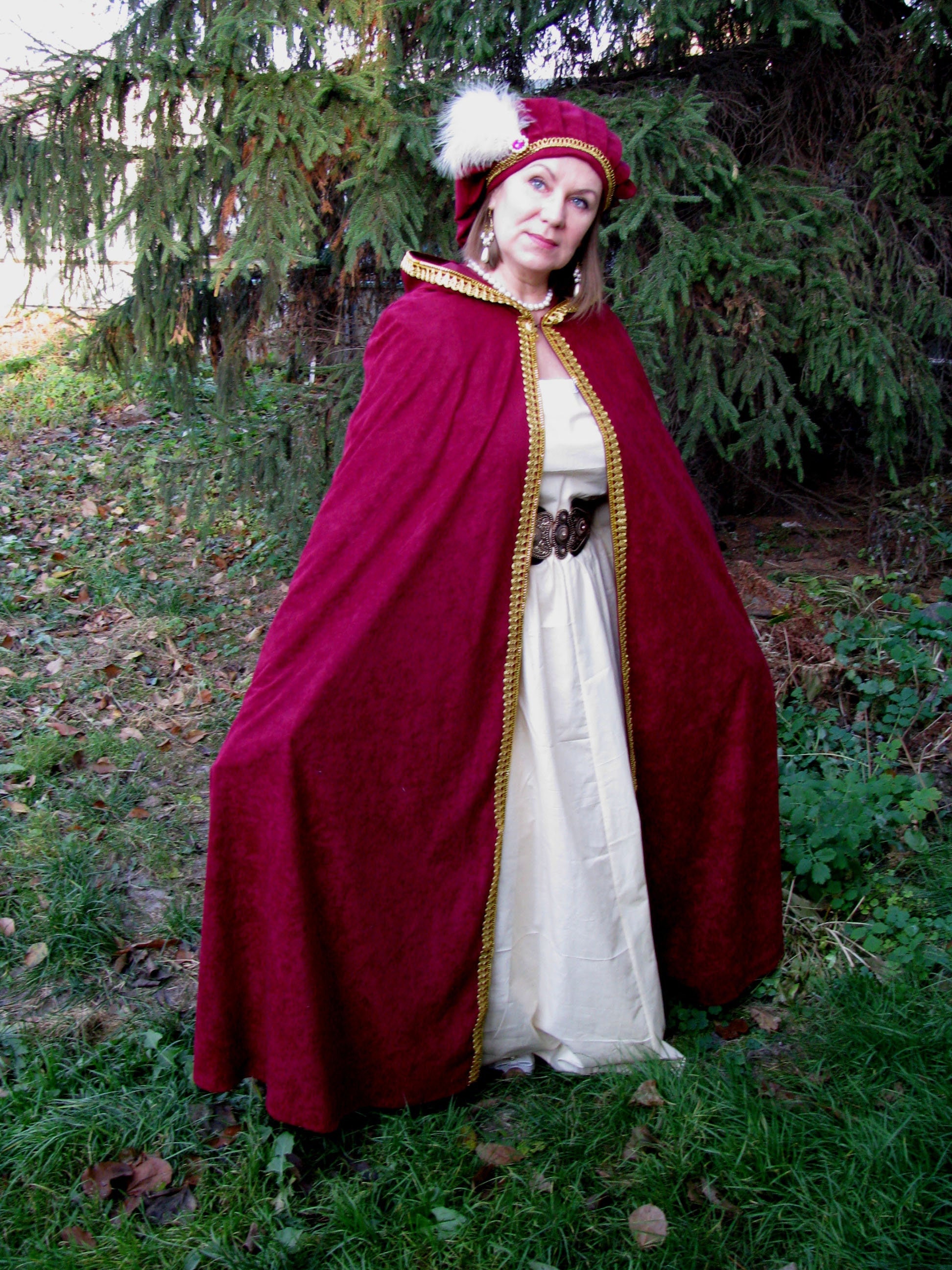 Full Medieval Costume. Hooded Cloak, Dress, Velvet Beret, Petticoat ...