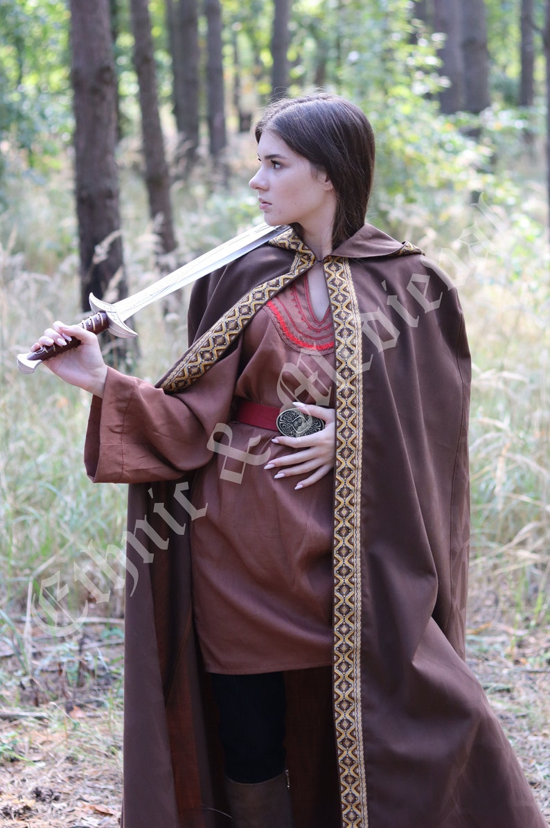 Brown Hooded Viking Cloak Wool Shieldmaiden's Cape With Golden Trim ...