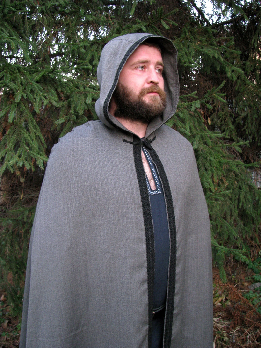 Medieval Cloak for Men Gray Wool Hooded Cape With Black Trim Long ...