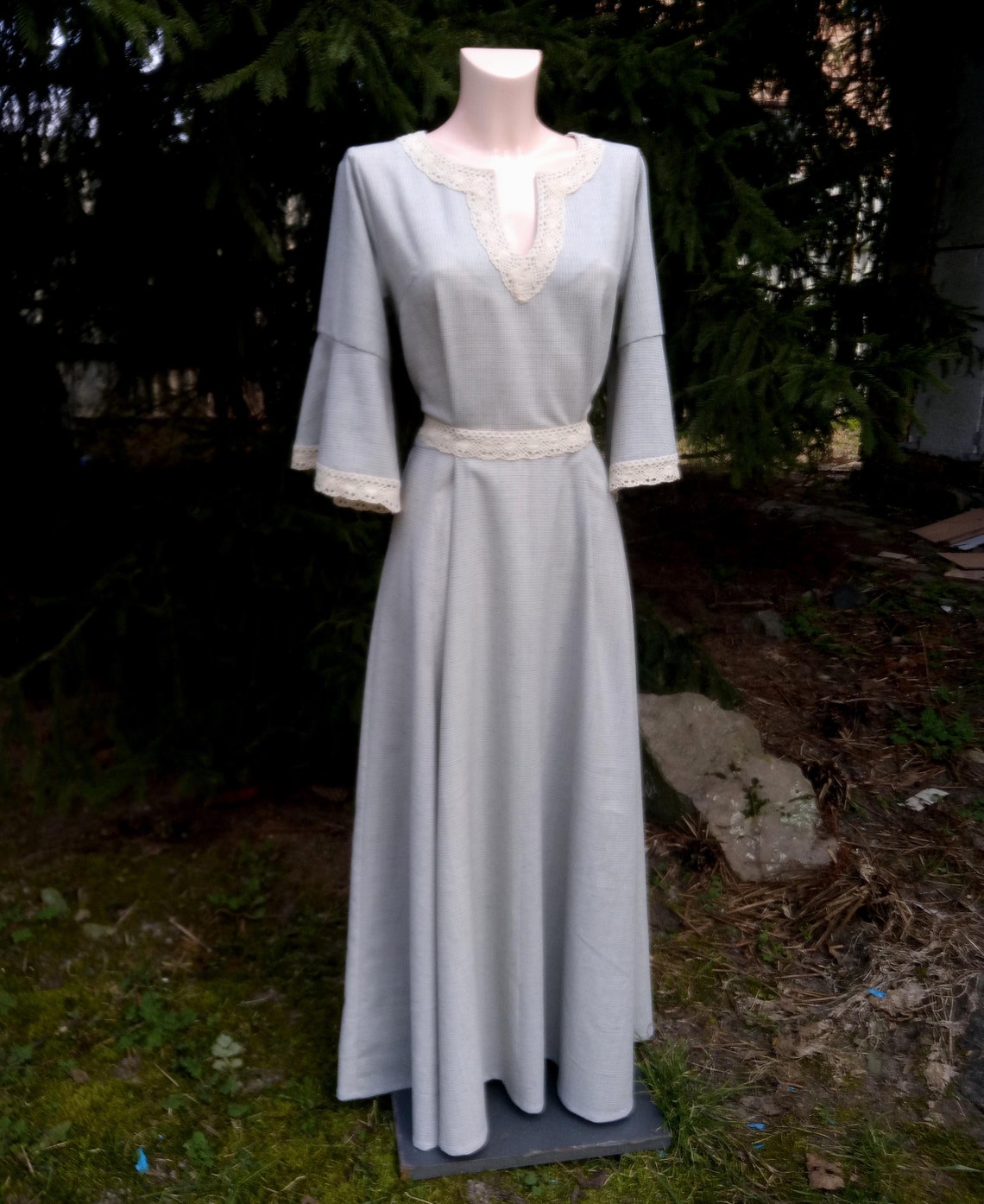 Gray Viking Dress Long Medieval Robe With Lace Organic Wool | Etsy