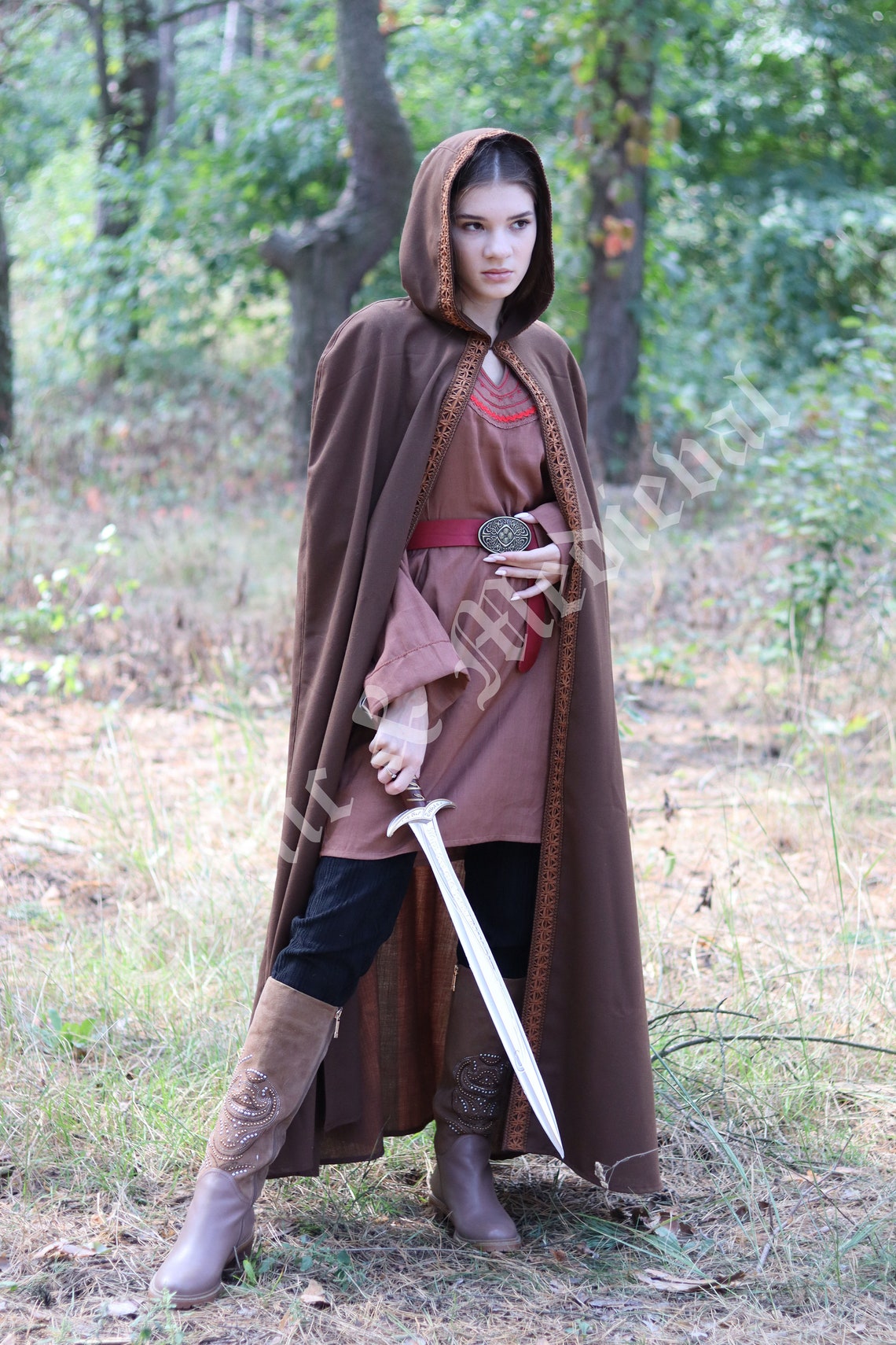 Brown Hooded Viking Cloak Wool Shieldmaiden's Cape With Leather Trim ...