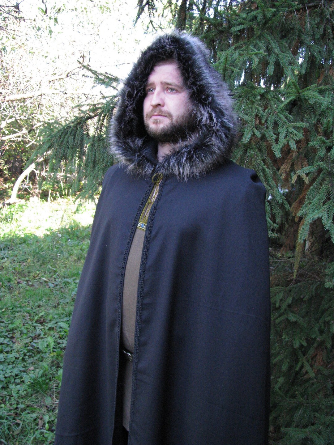 Medieval Cloak for Men Wool Hooded Cape With Faux Fur Viking Costume ...