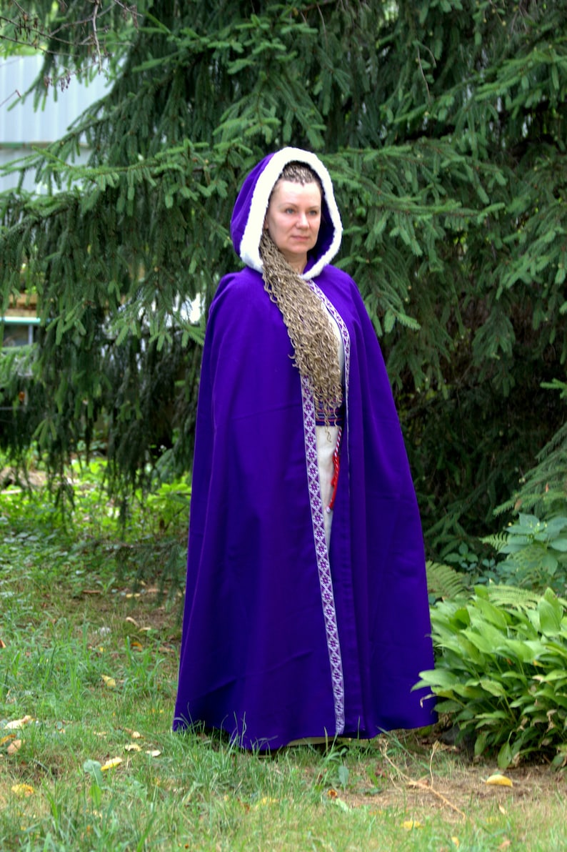 Purple Hooded Cape With Fantasy Trim Violet Medieval Cloak With White ...