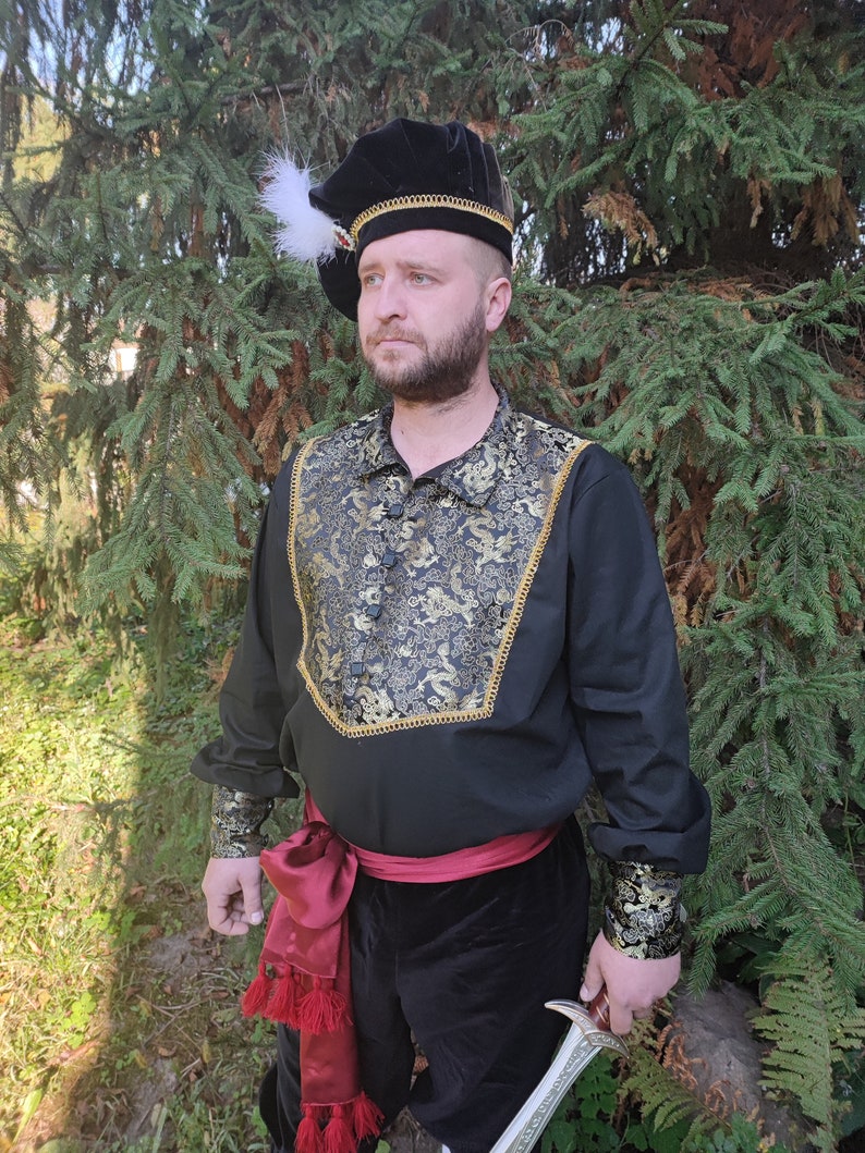 Viking Jarl's Shirt, Black & Gold Royal Tunic, Medieval Costume, Cotton ...