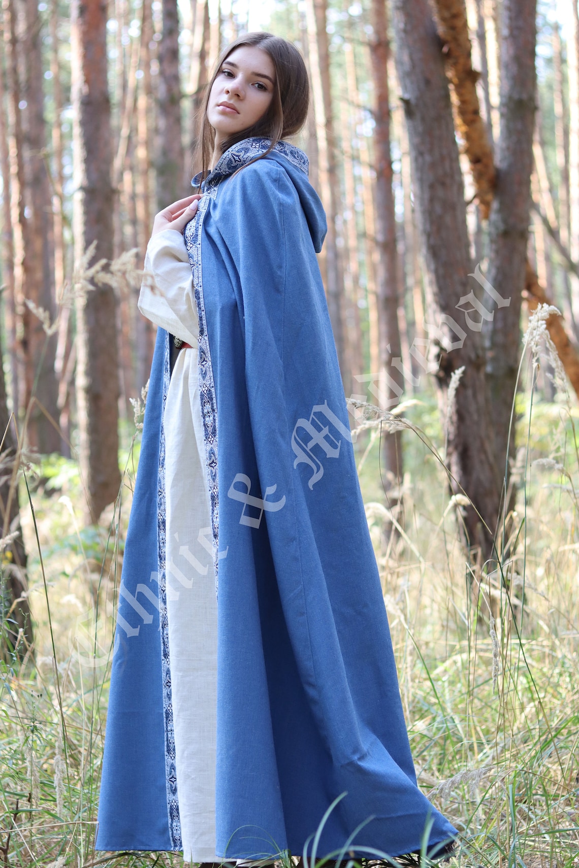 Medieval Hooded Cape With Fantasy Trim Blue Vegan Wool Viking Cloak ...