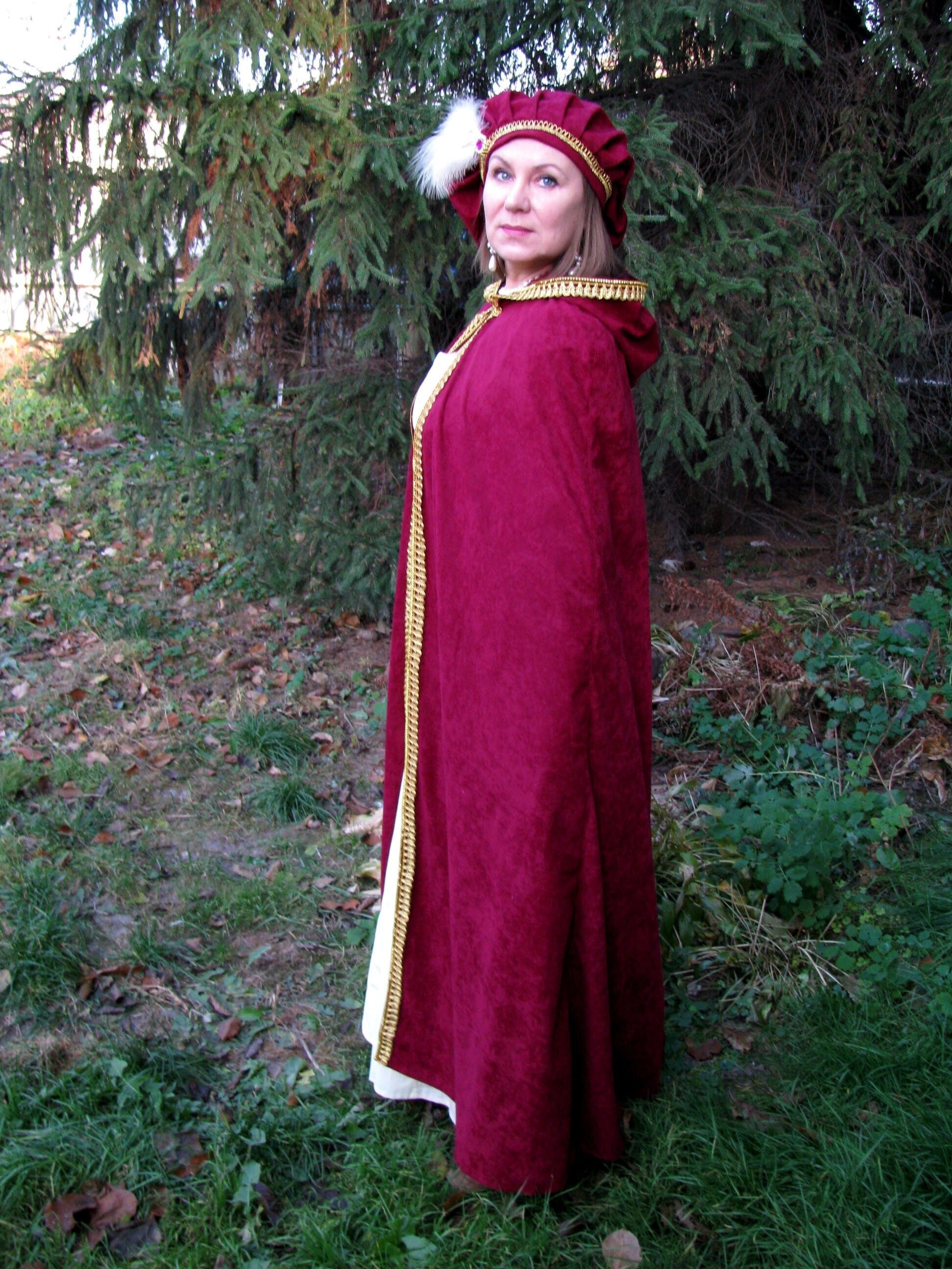 Full Medieval Costume. Hooded Cloak, Dress, Velvet Beret, Petticoat ...