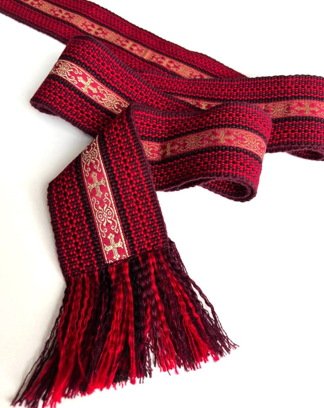 Burgundy Prayer Belt With Golden Crosses, Ukrainian Woven Kraika, Wide ...