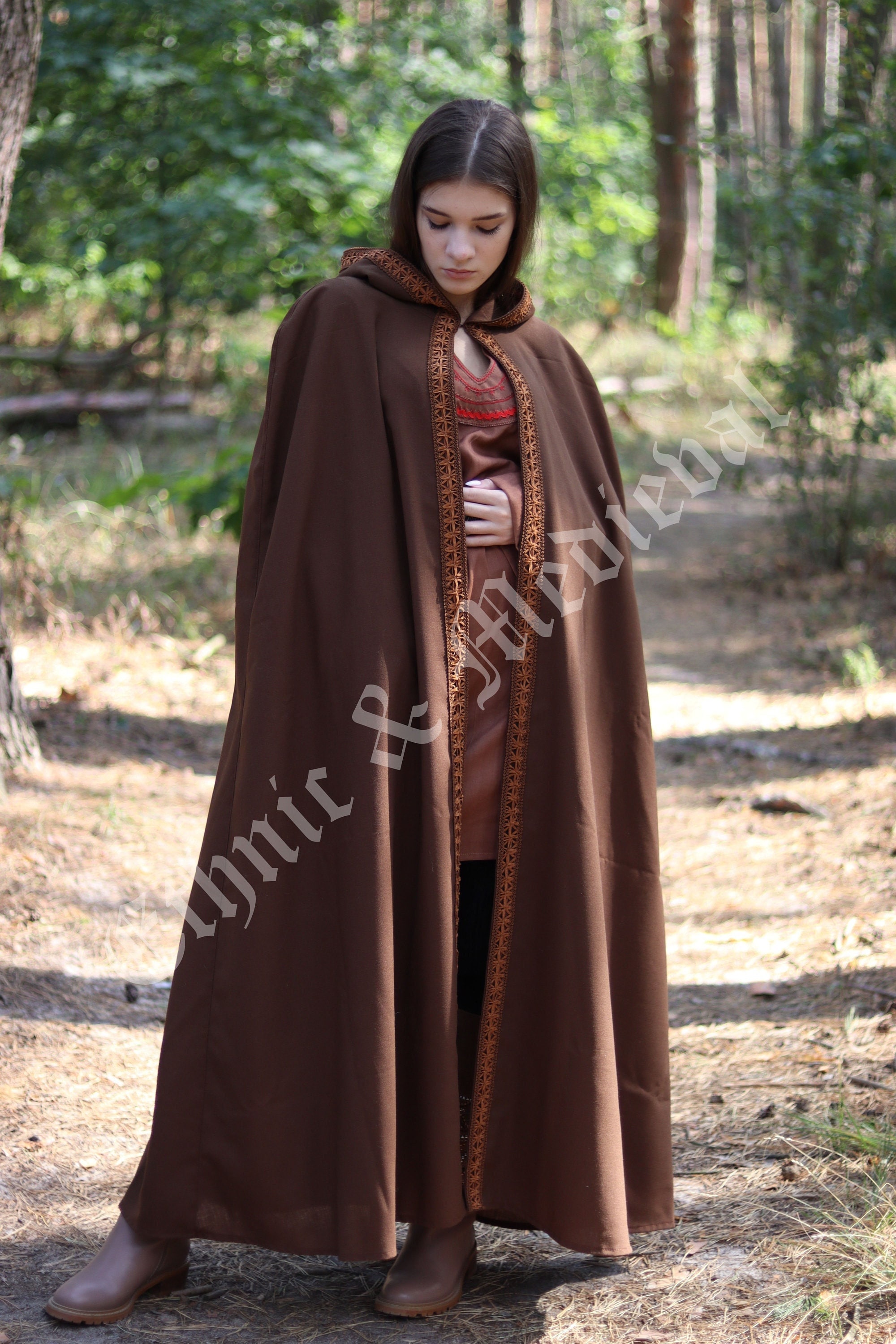 Brown Hooded Viking Cloak Wool Shieldmaiden's Cape With Leather Trim ...