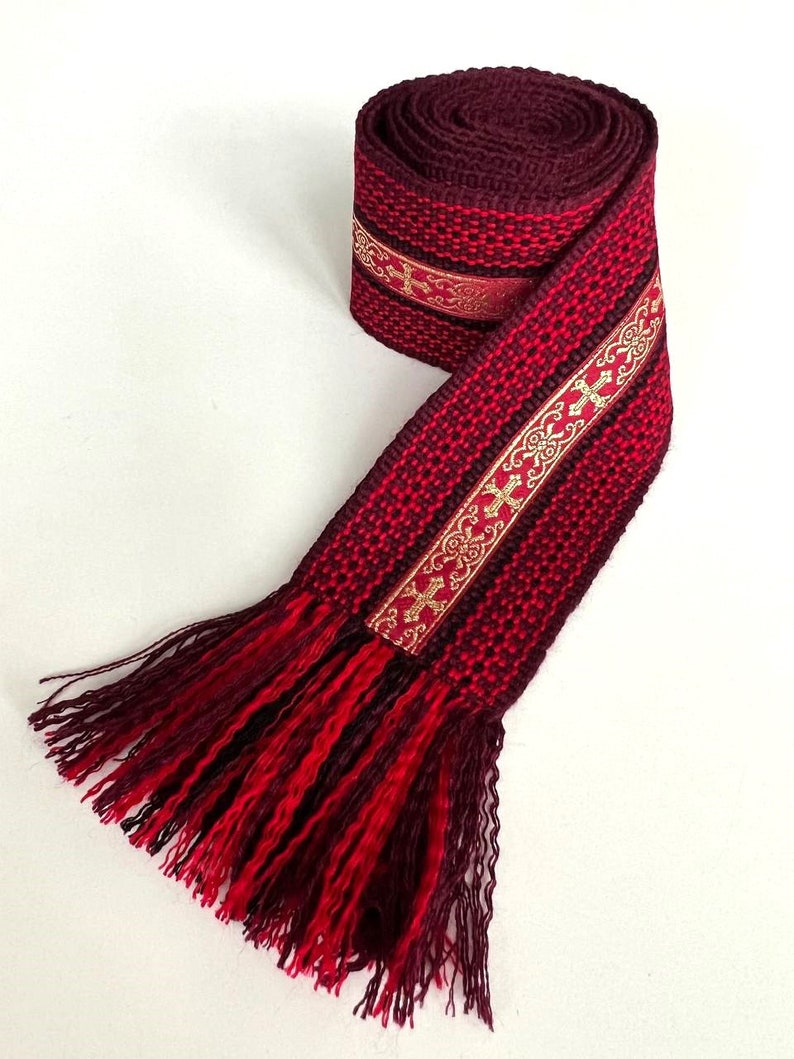 Burgundy Prayer Belt With Golden Crosses, Ukrainian Woven Kraika, Wide ...