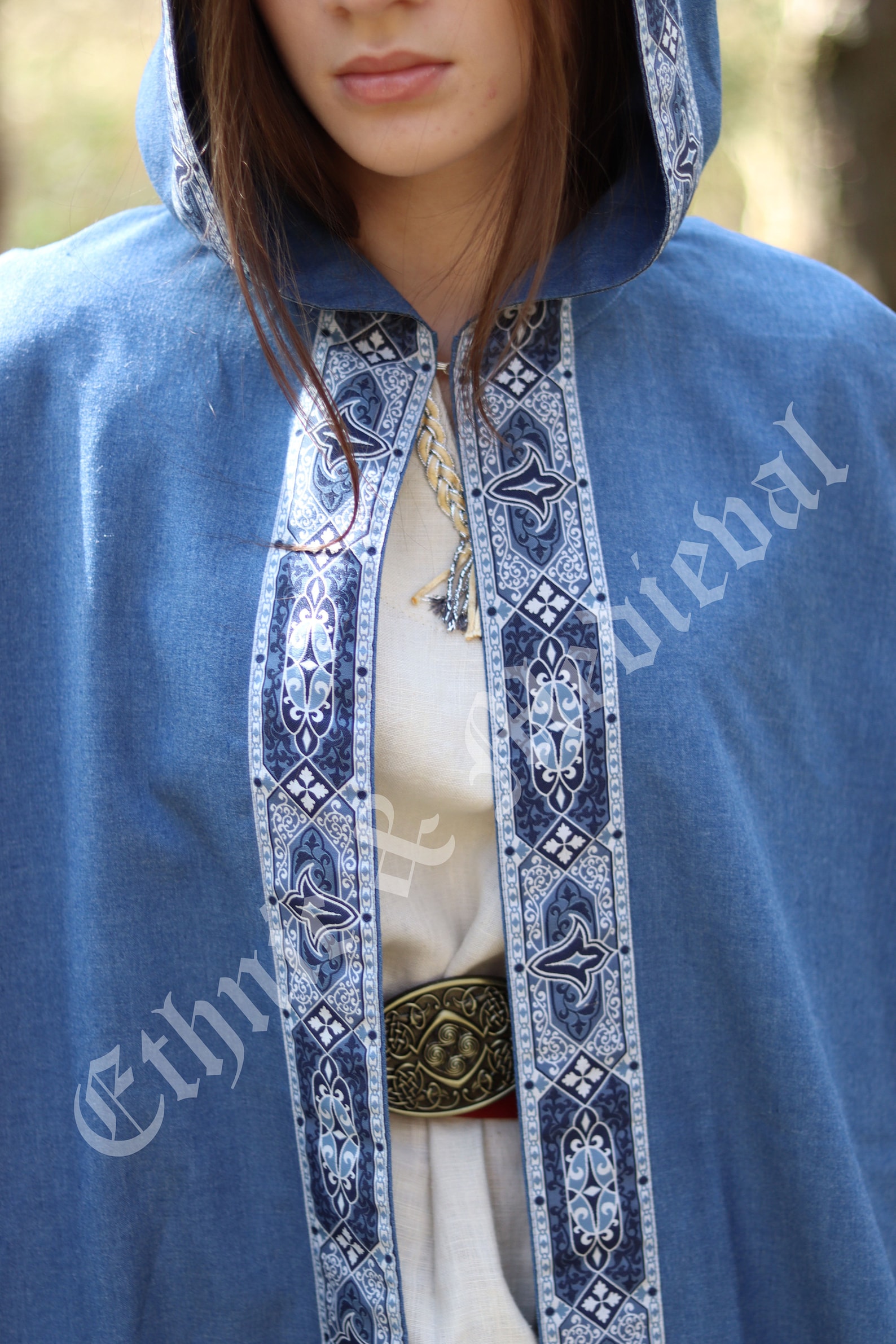 Blue Medieval Hooded Cape With Fantasy Trim, Vegan Wool Cloak - Etsy