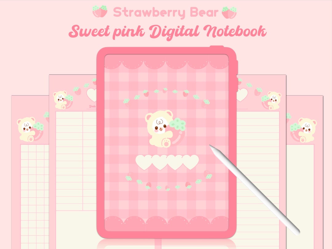 Cute Strawberry Bear Digital Notebook | Kawaii Pink Digital Note ...