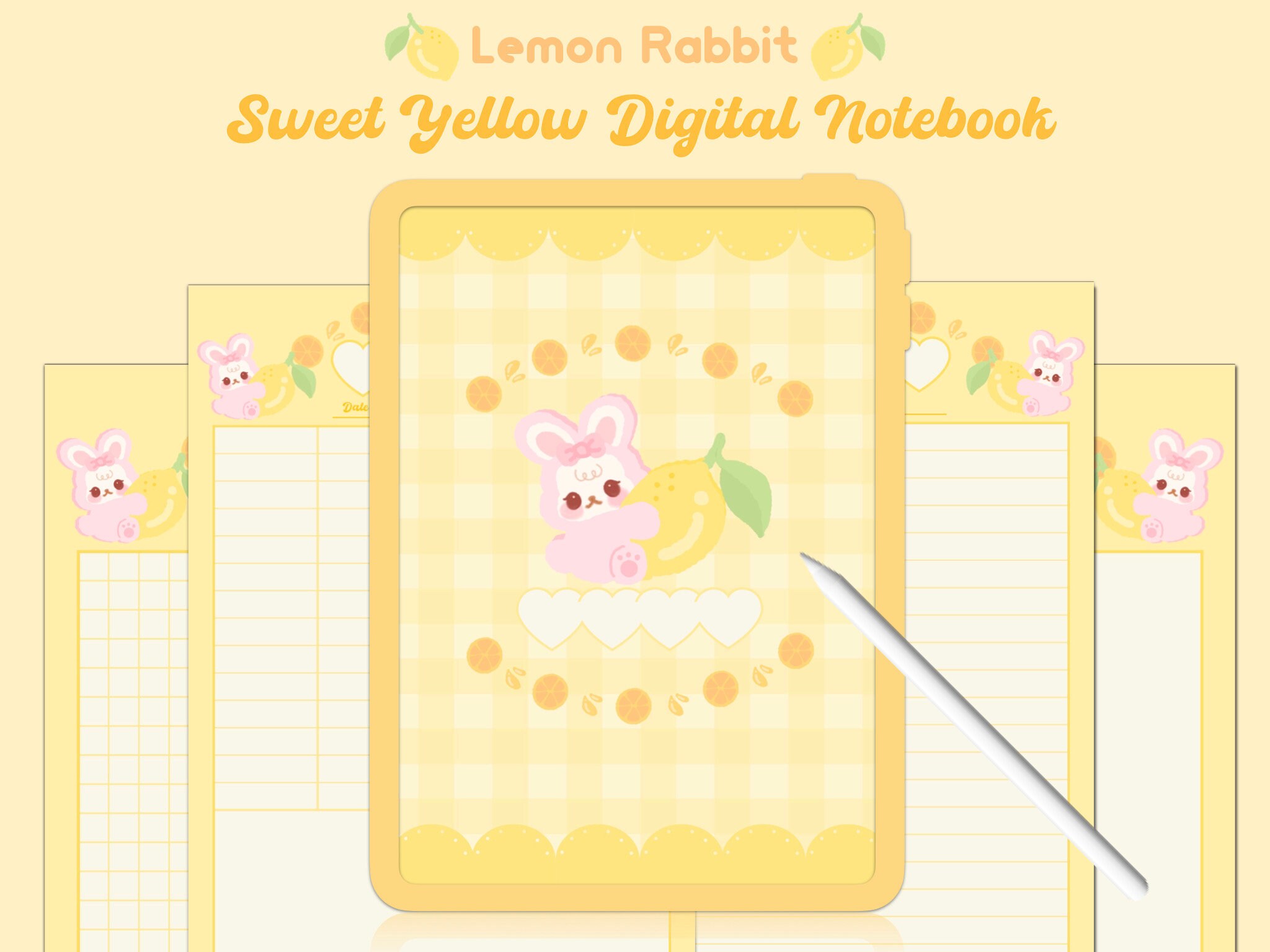 Cute Lemon Rabbit Digital Notebook | Kawaii Yellow Digital Note ...