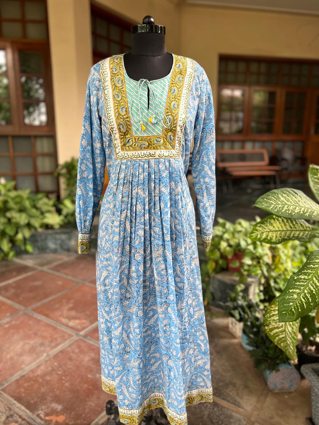 Blue Summer Cotton Block Print Dress: Paisley , Floral Indian Design - Etsy