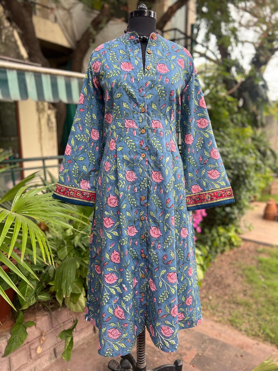 Handwoven Organic Cotton Block Print Midi Dress: Indigo Blue Floral ...