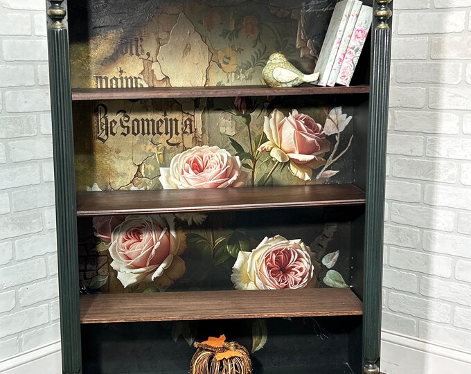 Hand-painted Vintage Bookshelf With Roses: Green and Gold Accent - Etsy