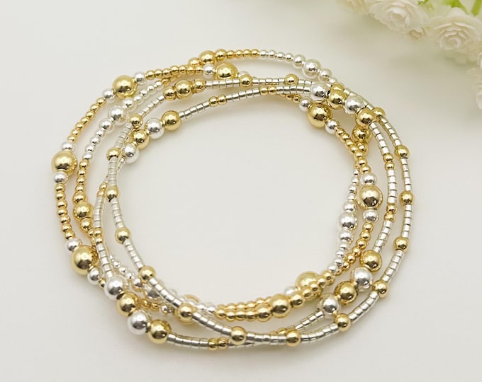 Two Tone Set B 14k Gold Fill & Sterling Silver Bracelet Set, 2mm, 2.5mm ...