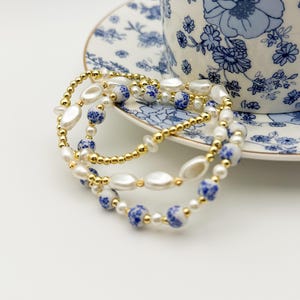 Blue Floral Bead With Pearl and Gold Bracelet Stack/ Gold Filled ...