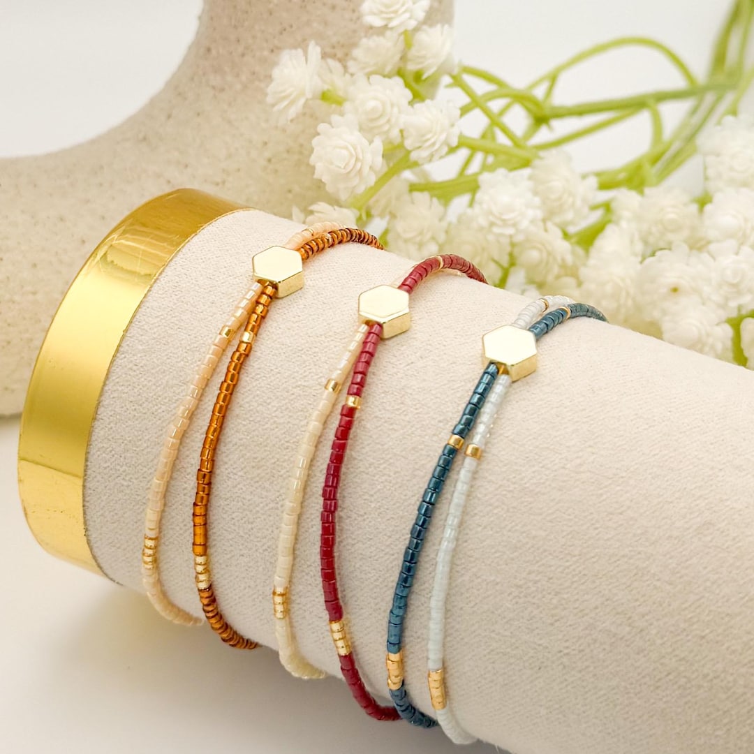 Double Strand Seed Bead Bracelet | 18k Gold Filled With Amber, Blue and ...