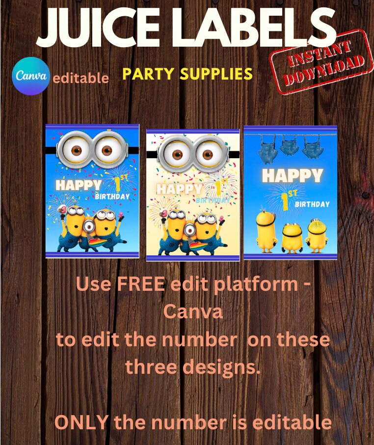 6 Minion Birthday Party Juice Label Templates - EDITABLE on CANVA - Etsy