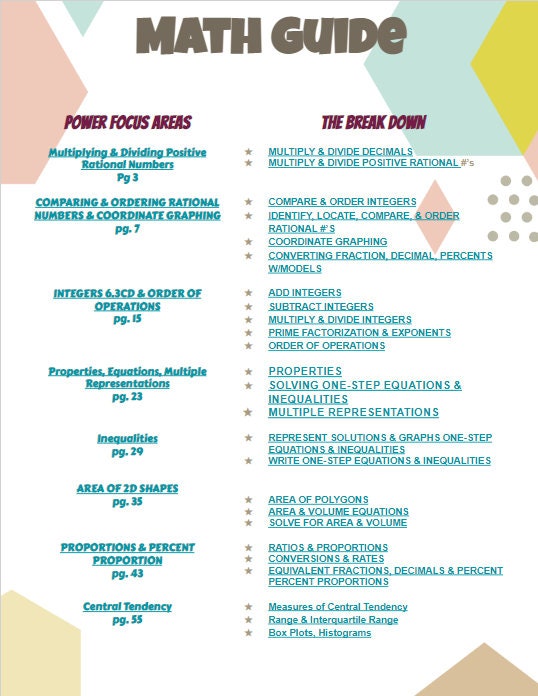 6th Grade Math Guide Book - Etsy