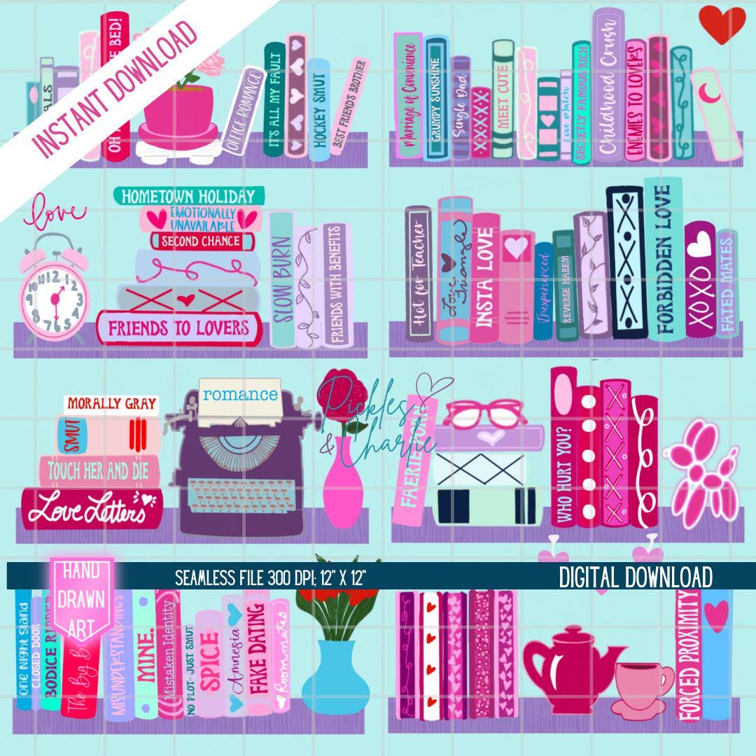 Romance Tropes Bookshelf Seamless File – Hand-drawn PNG (digital ...
