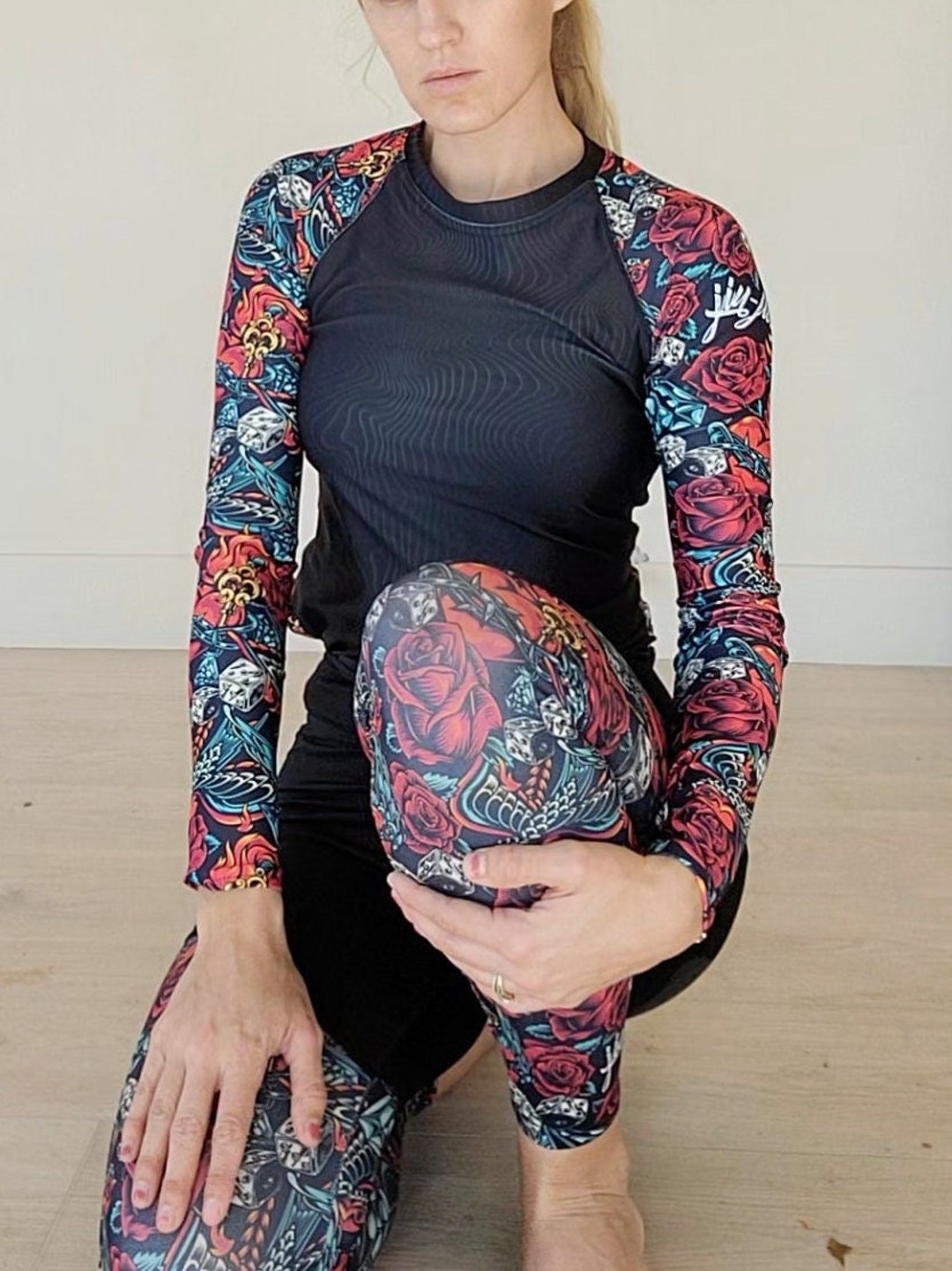 Women's BJJ Rash Guard - Jiujitsu Tattoo Series Roses and Dice Arms ...