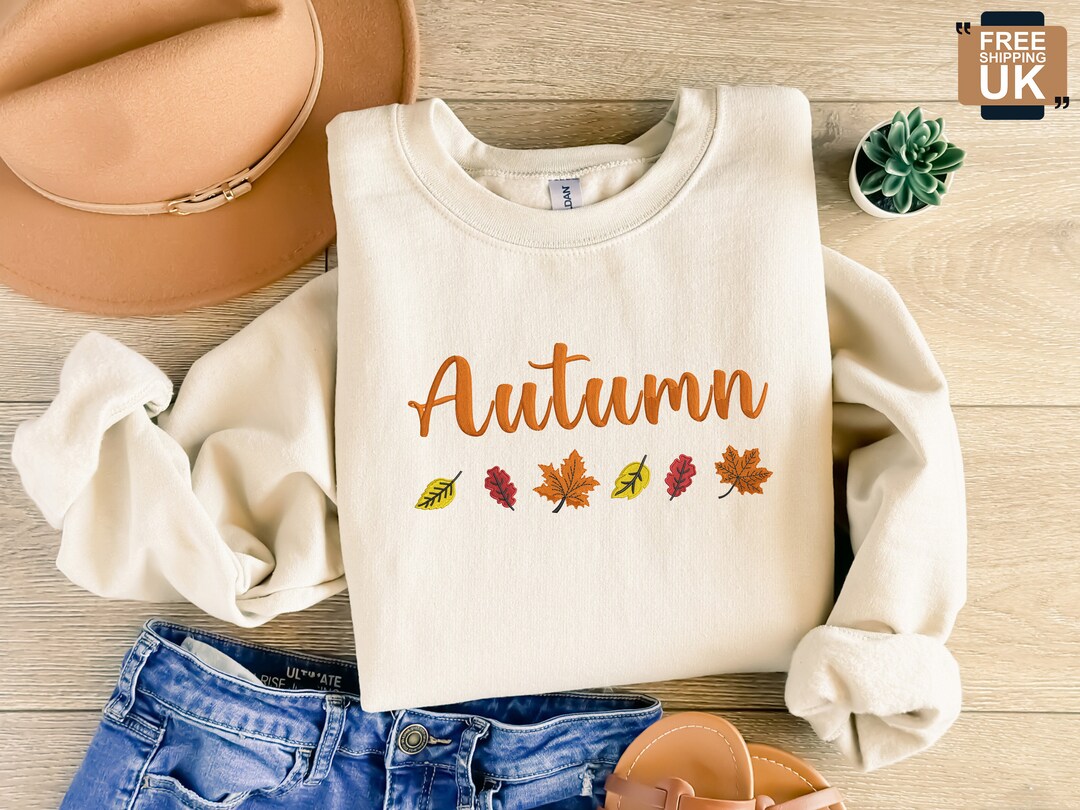 Embroidered Autumn Sweatshirt, Fall Leaves Crewneck Sweatshirt, Vintage ...