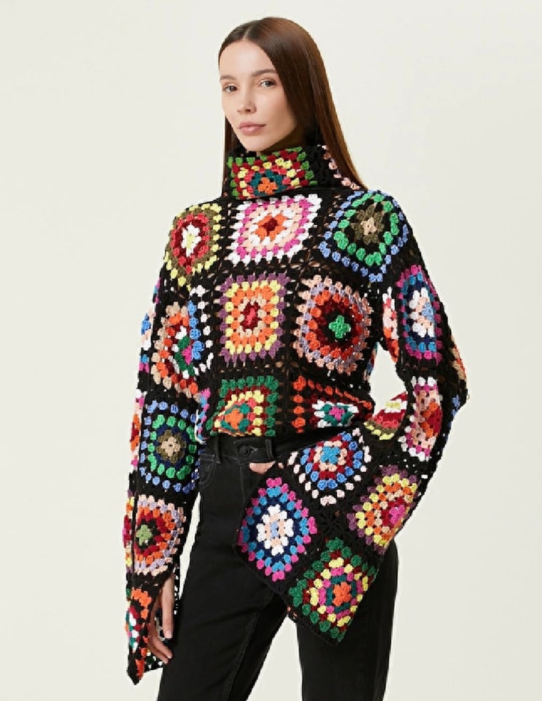 Granny Square Sweater, Crochet Turtleneck Sweater, Handmade Patchwork ...