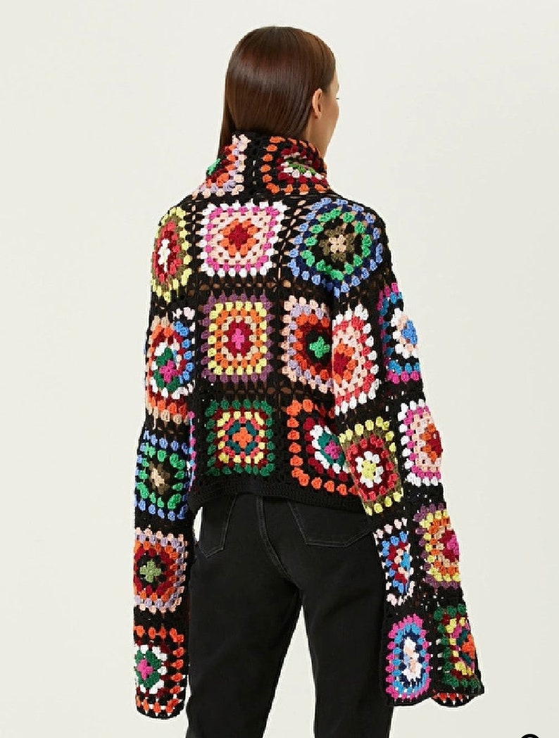 Granny Square Sweater, Crochet Turtleneck Sweater, Handmade Patchwork ...