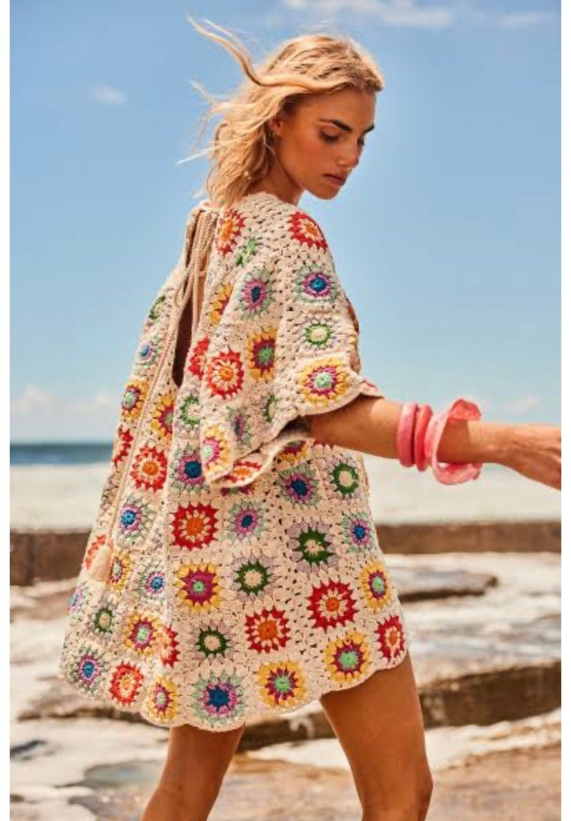 Crochet Square Neck Tunic Top, Granny Square Beach Dress, Granny Square ...