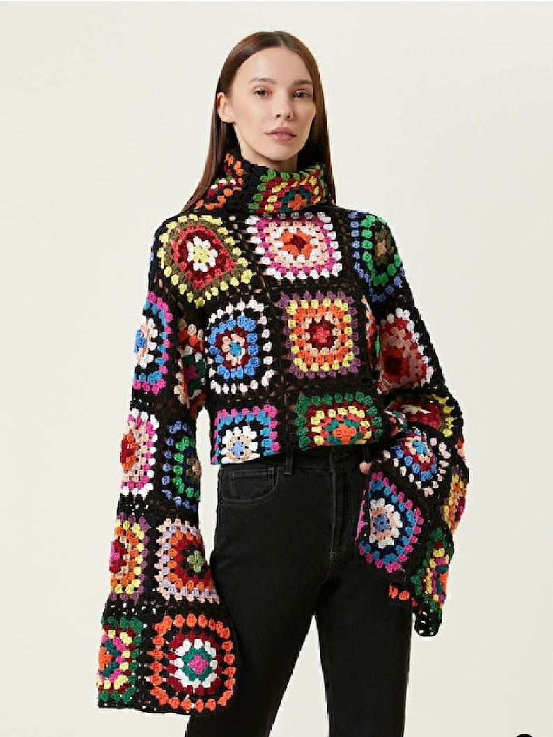 Granny Square Sweater, Crochet Turtleneck Sweater, Handmade Patchwork ...