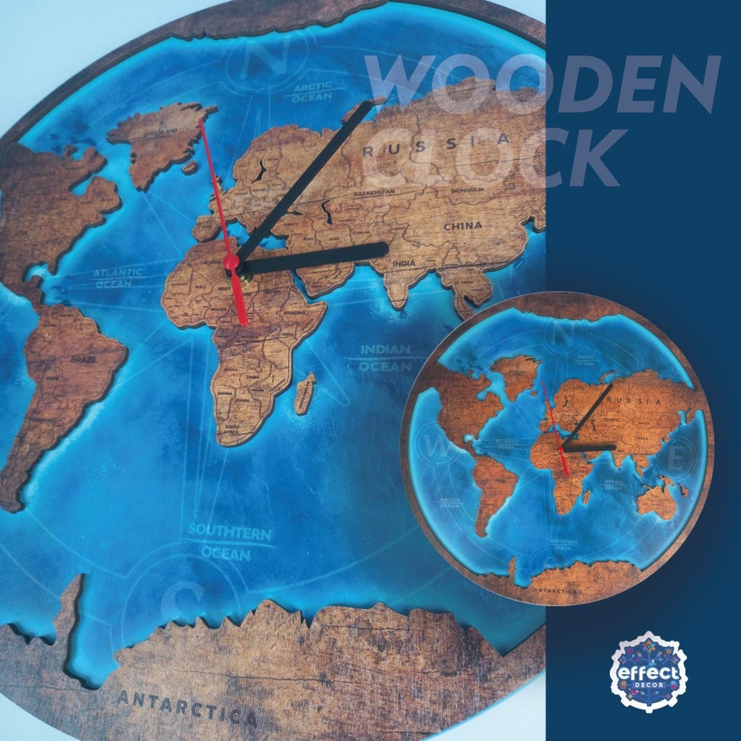 World Map Functional Clock Plywood Vintage Look Clock Wall - Etsy