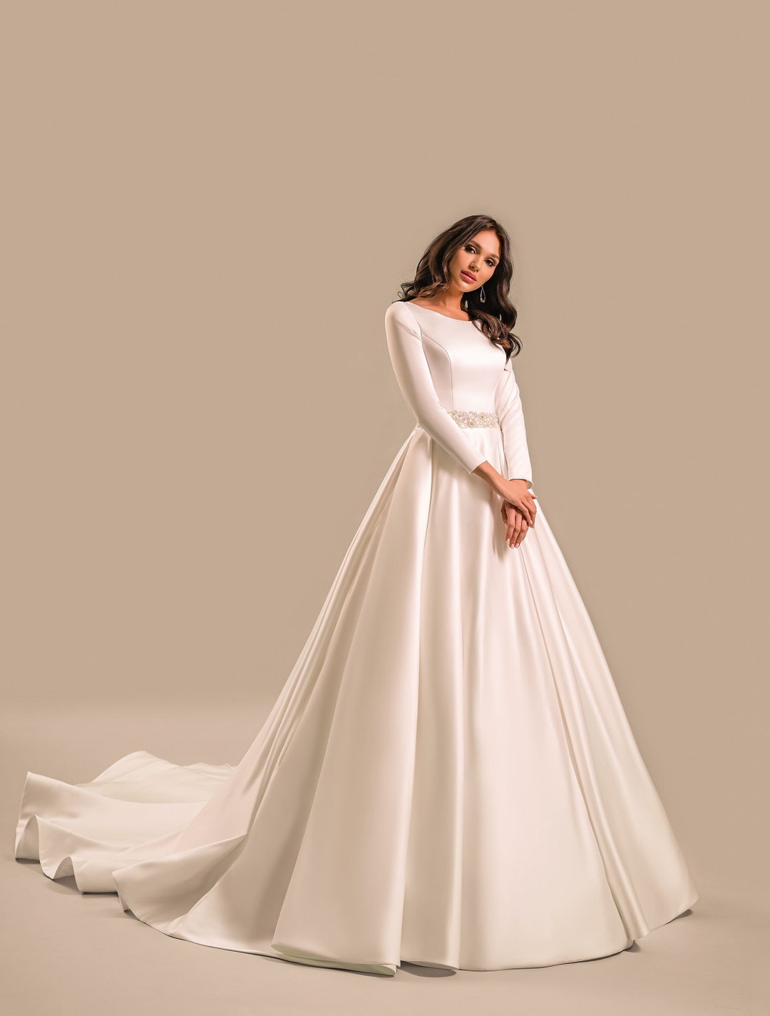 Long Satin Wedding Dress, Modest Wedding Dress, Classic A-line Wedding ...