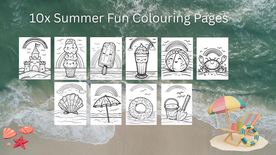 Summer Colouring Pages for Kids: Beach Holiday Activity (digital ...