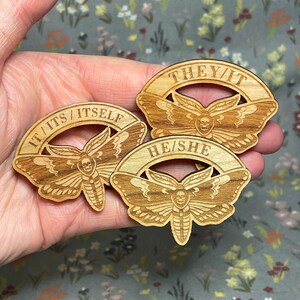Wooden Pronoun Pins | Moth Pins | Wood Burning - Etsy