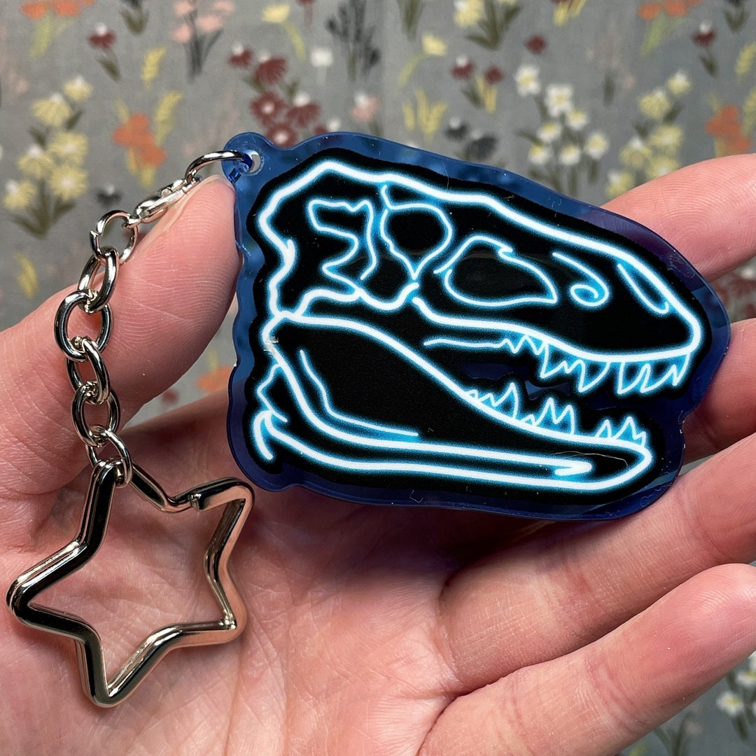 Neon Blue Dinosaur Skull Keychain - Etsy