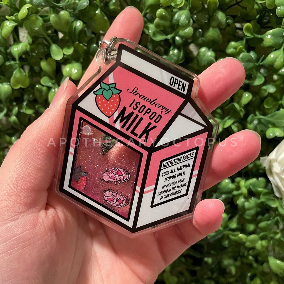 Strawberry Isopod Milk LIQUID Shaker Keychain | Quicksand Charm - Etsy